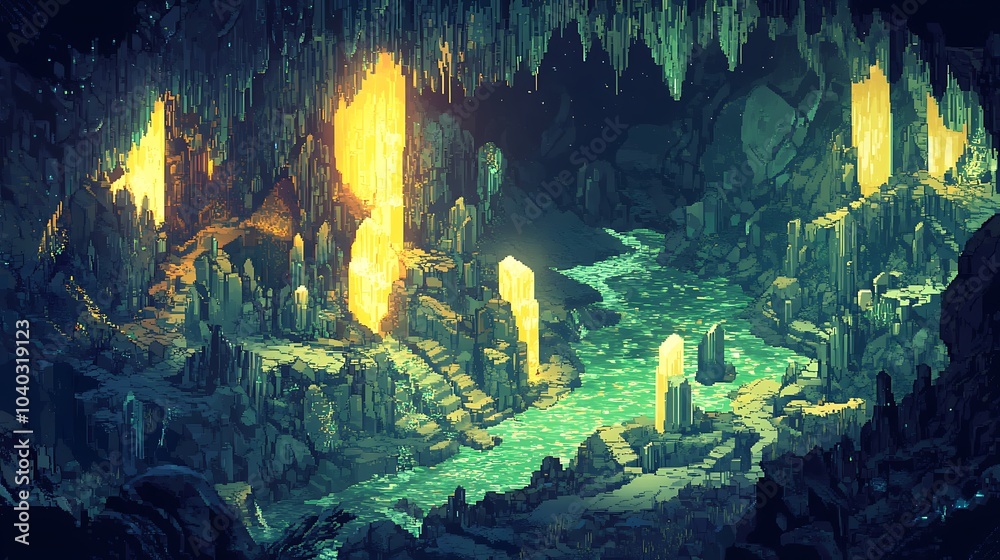 Ilustración de Stock Pixel art battlemap of a cavern with underground ...