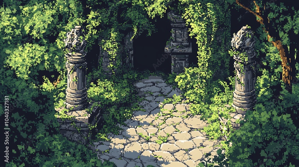 Pixel art DnD map of a forest shrine with stone statues and vines ...