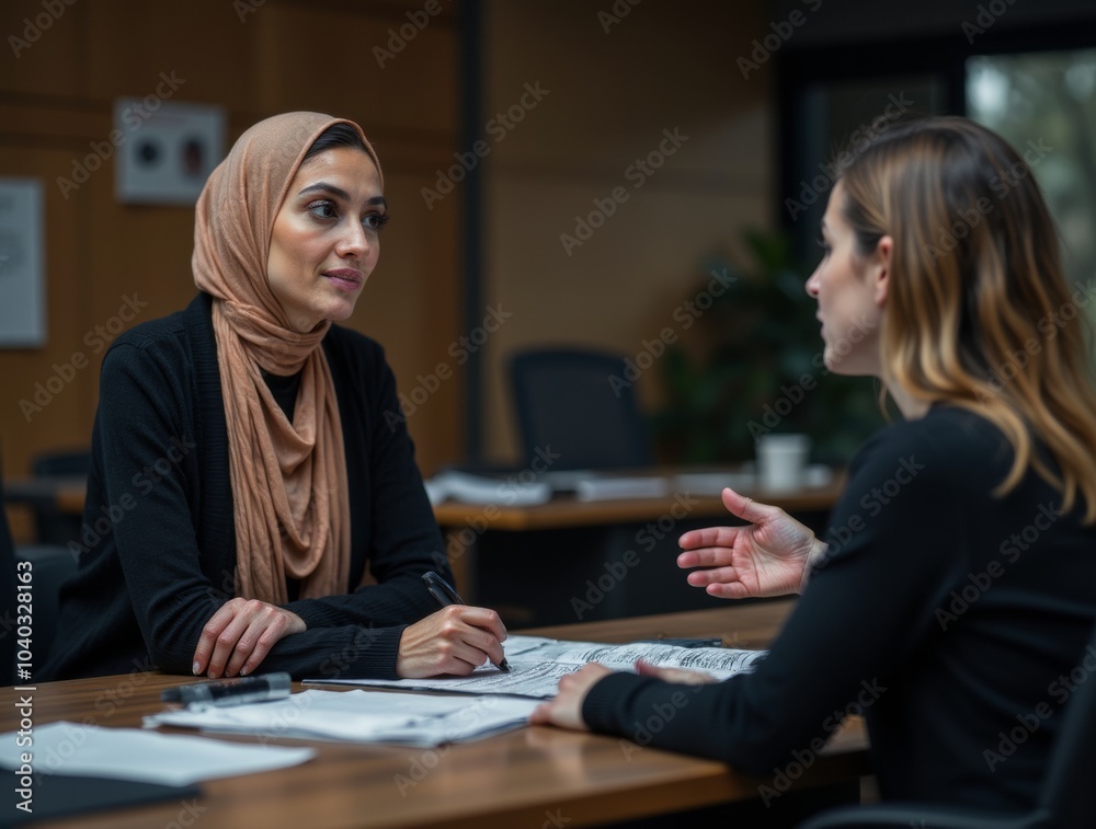 Serious young Arab manager woman in hijab talking to female business ...