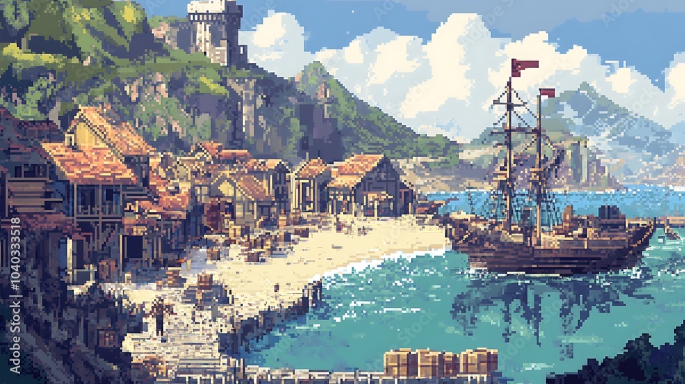 Pixel art DnD map of a seaside port with docks ships and crates Stock ...