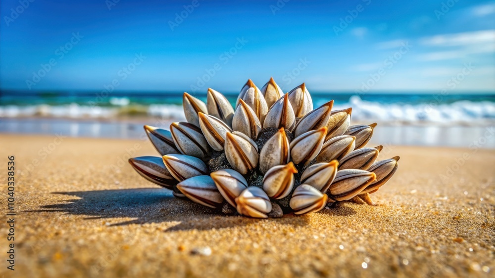 Pelagic gooseneck barnacle surrounded by sand on the beach, marine life ...