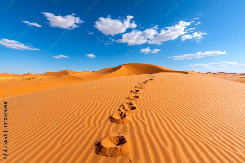 Cerulean skies over a desert landscape, with rolling sand dunes and the ...