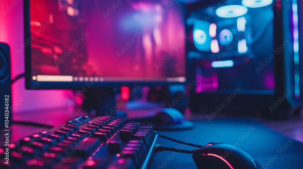 Strong PC gaming setup featuring a first-person shooter on screen. At ...