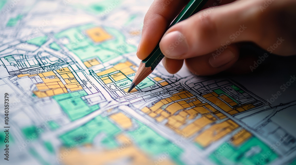 Foto de Stock Hand Drawing on Detailed Cadastre Map for Urban Planning ...