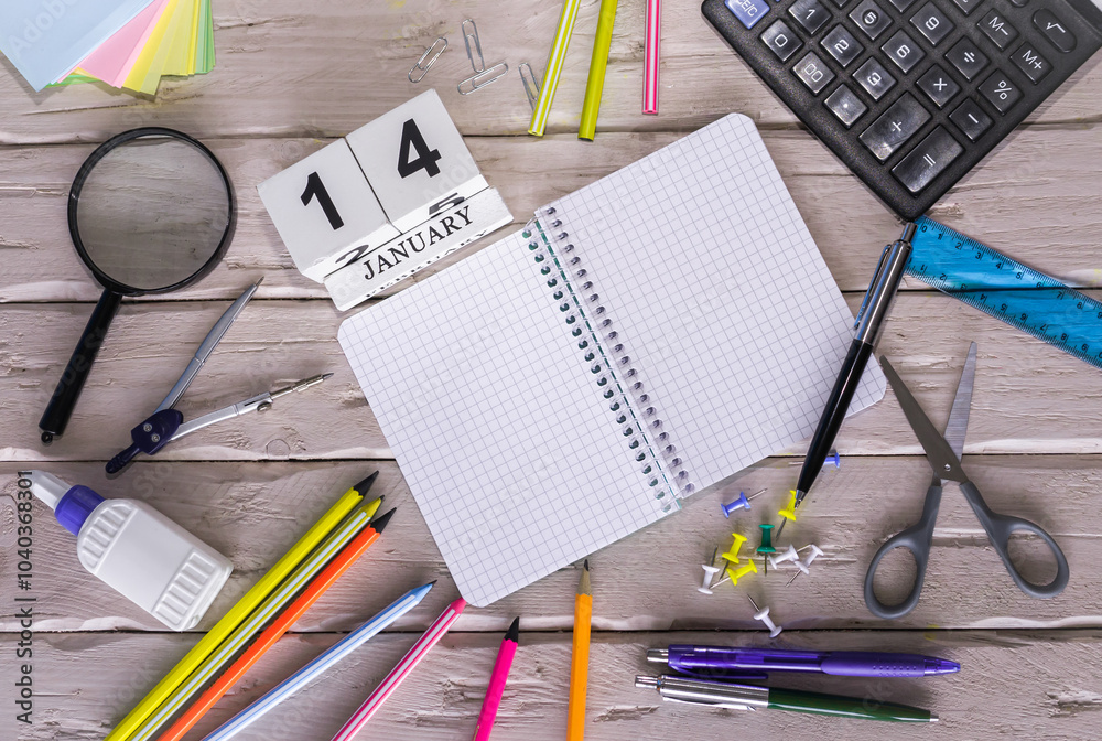 January calendar with number. Copy of space note 14. Top view of blank ...