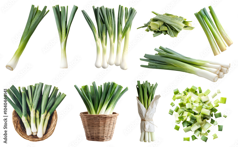 Leek, Scallion, spring onion vegetable plant stem stalk, many angles ...
