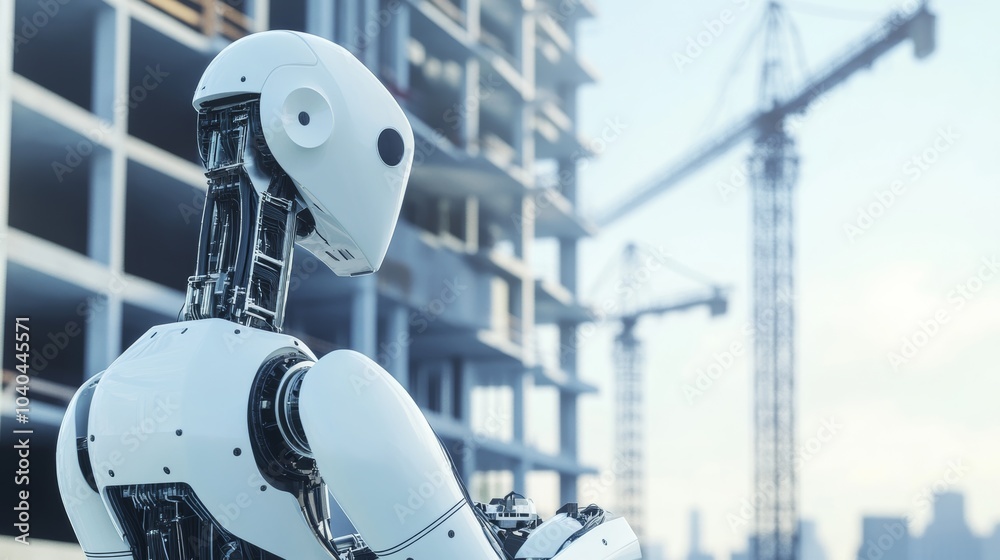 Robotic construction site of the future, urban redevelopment area with ...