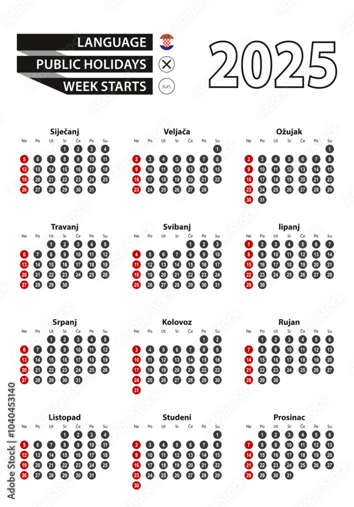 Croatian calendar 2025 with numbers in circles, week starts on Sunday ...