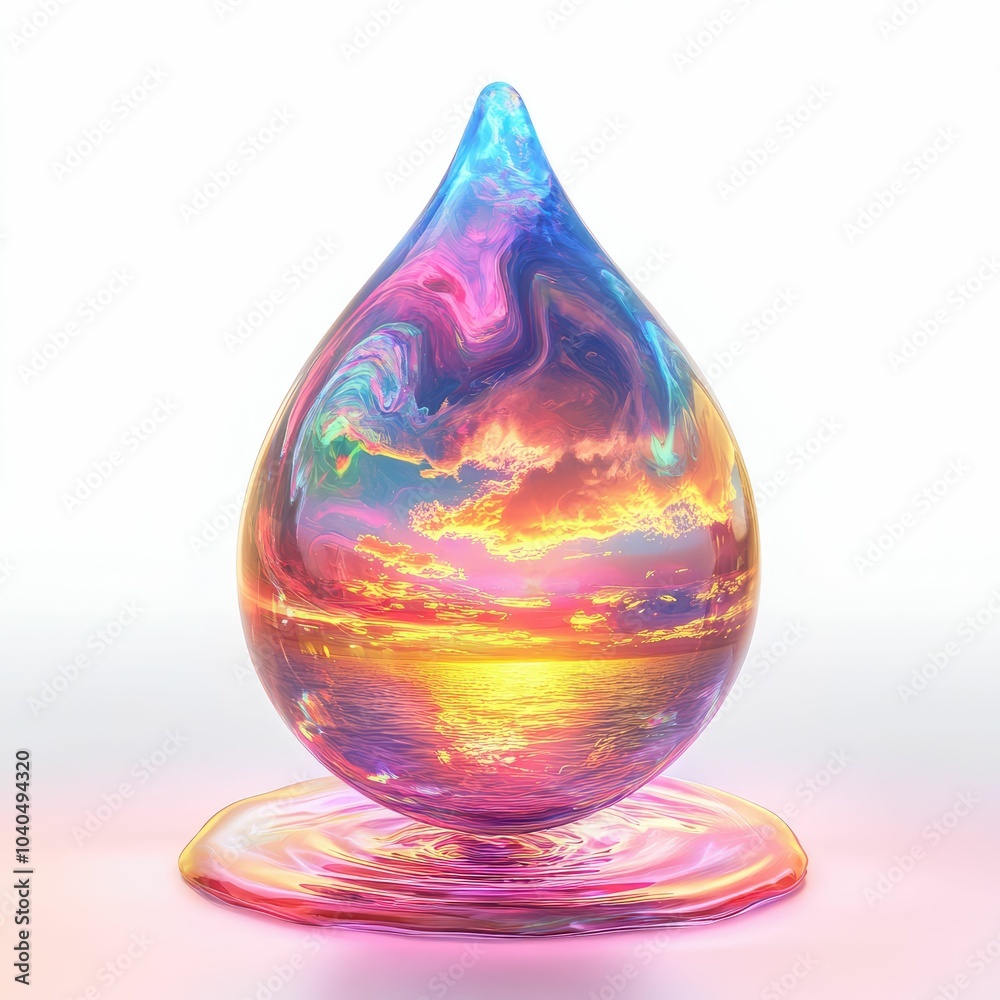 neon water drop floating in the air on white isolated background, fire ...