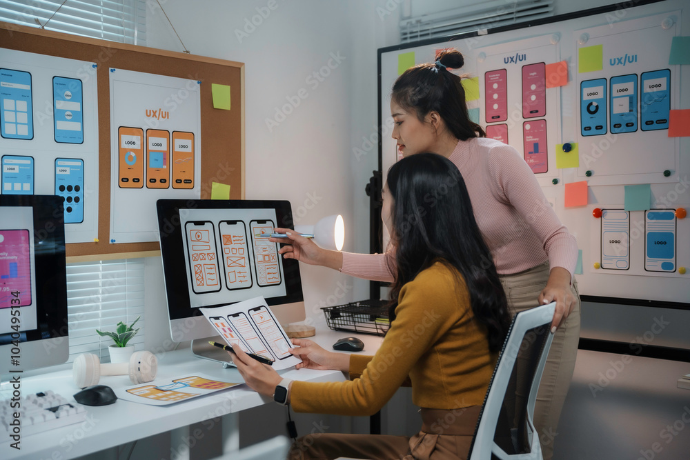 Two Women Ux Ui Designers Working Together Discussing Mobile App Interface Wireframe Design On