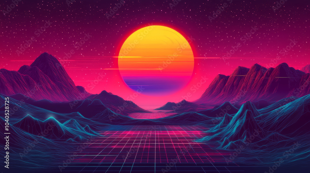 Retro-futuristic 1980s mountain landscape background featuring a ...