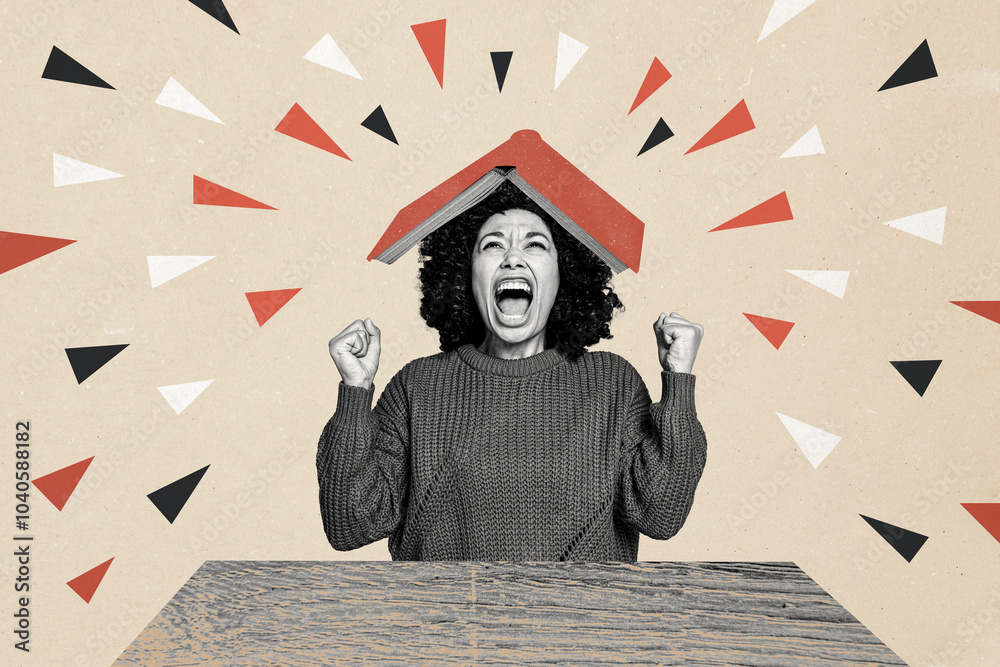 Composite photo collage of angry american girl hold book head reader ...