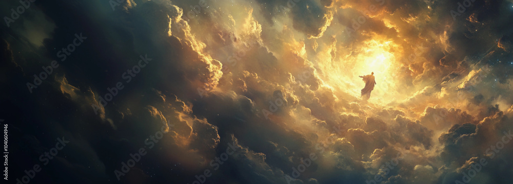 A floating man in the clouds parting second coming banner with room for ...