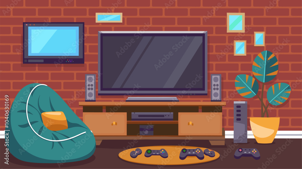 Gamer room interior with tv gaming console and beanbag chairs. Vector ...