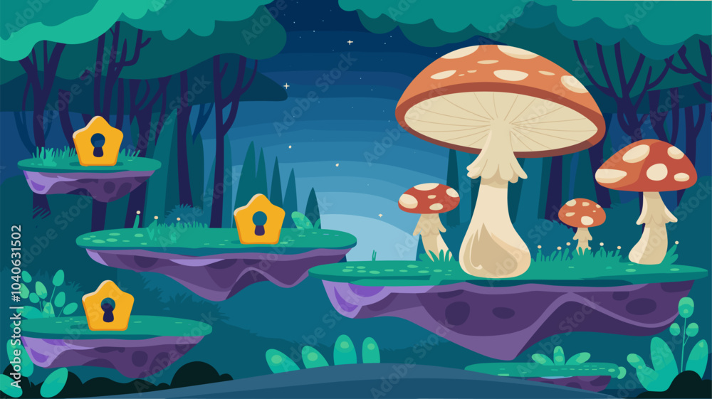 Arcade game progress map on fantasy forest background. Vector cartoon ...