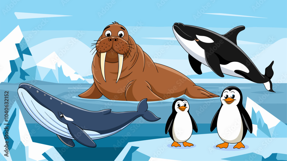 North pole land and sea animals. Cartoon vector illustration set of ...