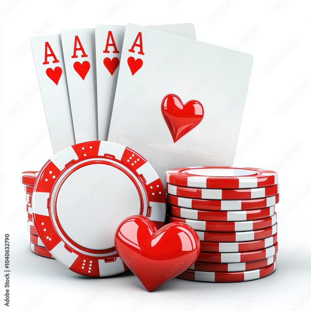 Playing cards, poker chips, and heart shape in red, isolated on a white ...