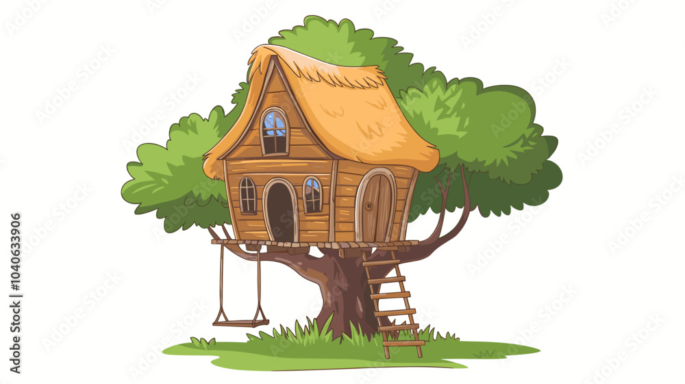 Tree house, cartoon wooden treehouse or hut for children fun games ...