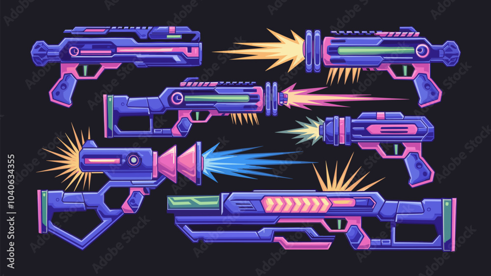 Cartoon set of futuristic game laser guns isolated on black background ...