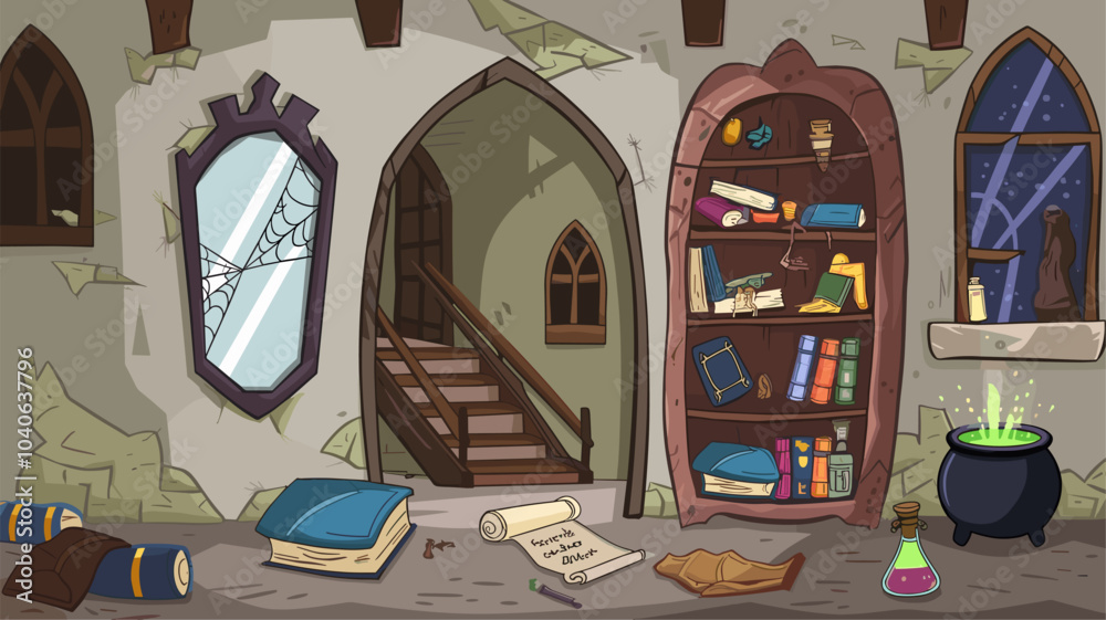 Abandoned old magic wizard room cartoon background. Medieval witch ...