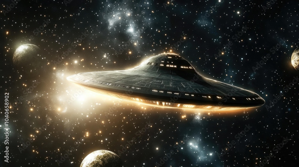 Realistic 3D illustration featuring a futuristic alien spaceship ...