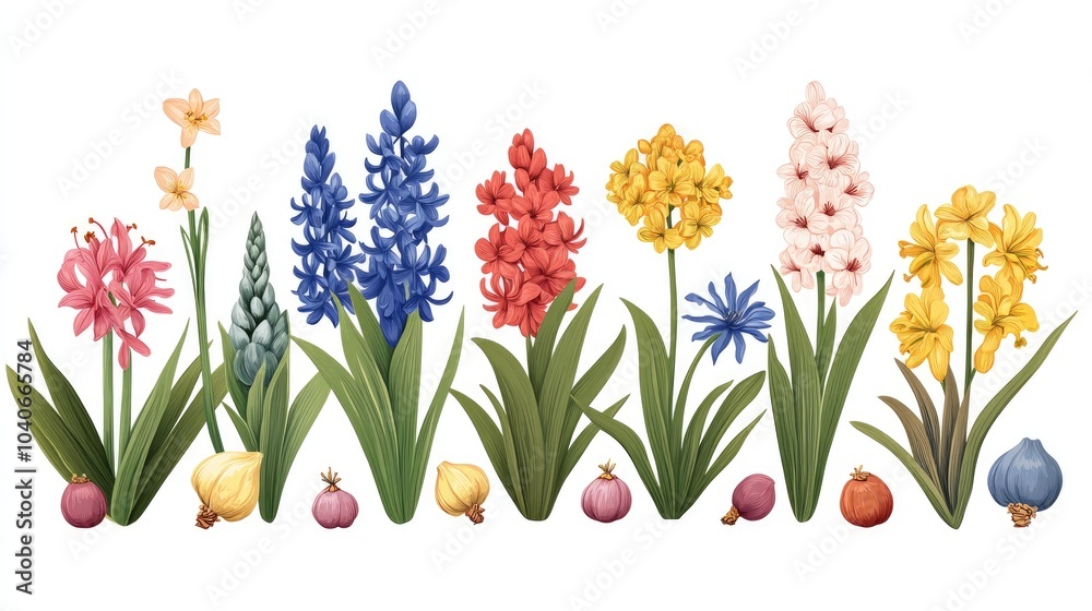 2D cartoon illustration of hyacinth and spring flowers with bulbs on a ...