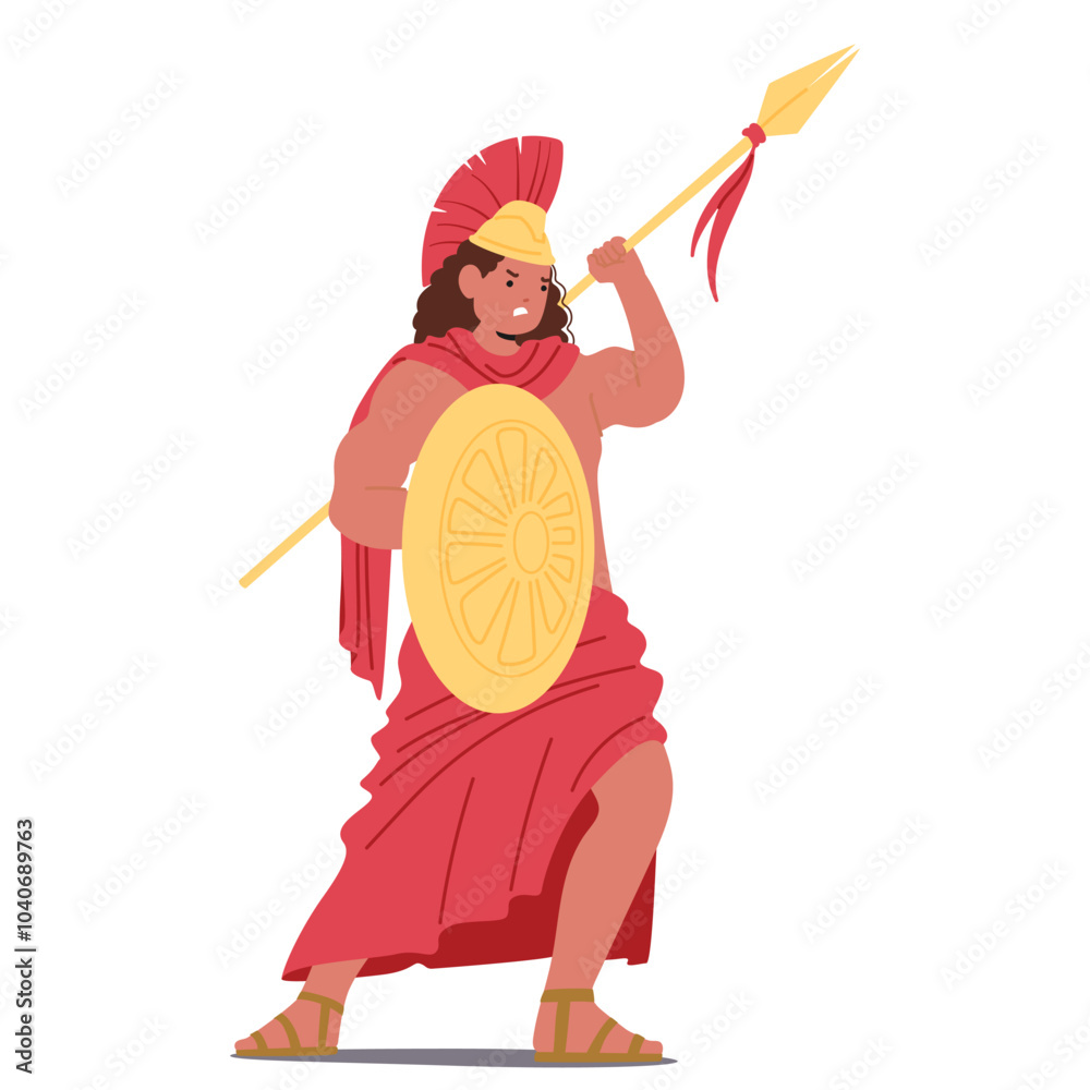 Cartoon Ares Ancient Greek Warrior Character Holding Spear And Shield ...