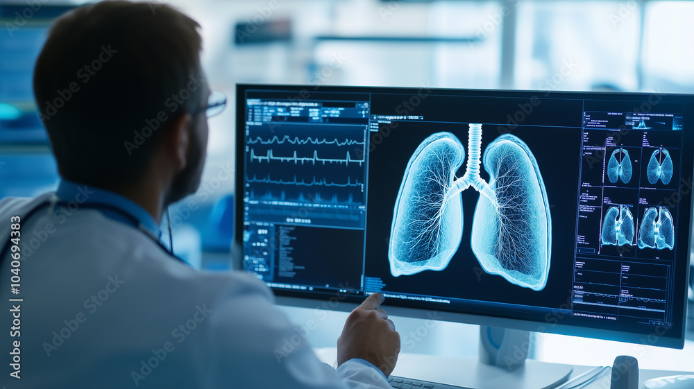 Pulmonologist Reviewing Lung Imaging. A pulmonologist examines detailed ...