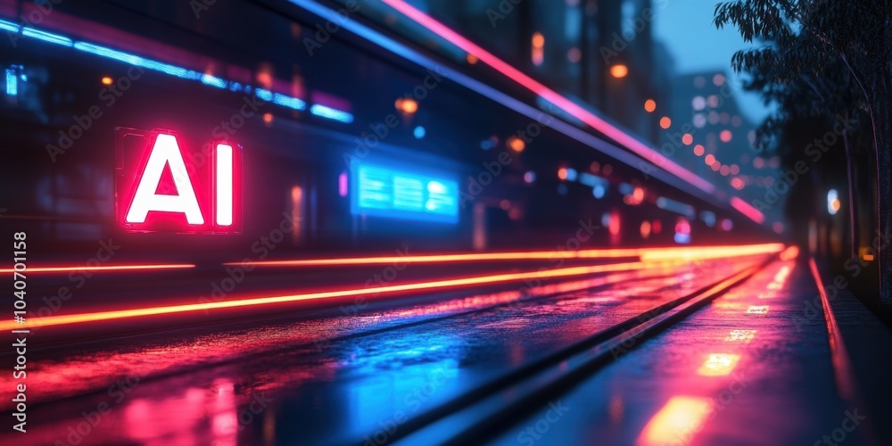 Neon AI sign in urban setting at night. Futuristic cityscape with ...