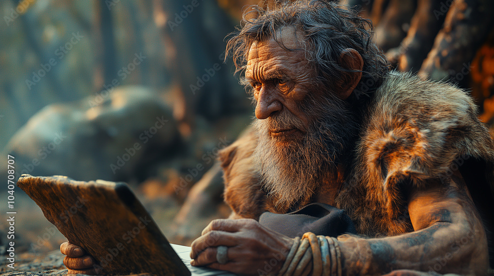 Neanderthal Stone Age primitive man with modern technology phone laptop ...