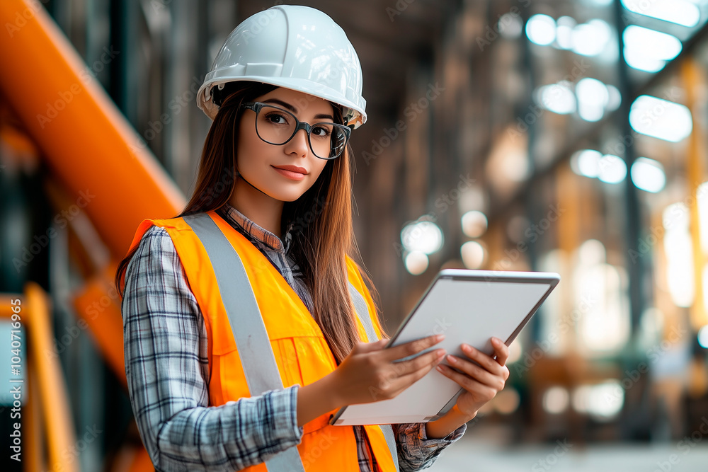 Latina engineer wearing a white safety helmet and protective vest ...