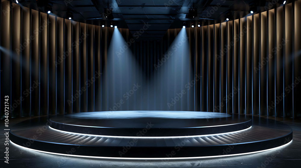 3D rendering of an empty stage with a spotlight. The stage is made of ...