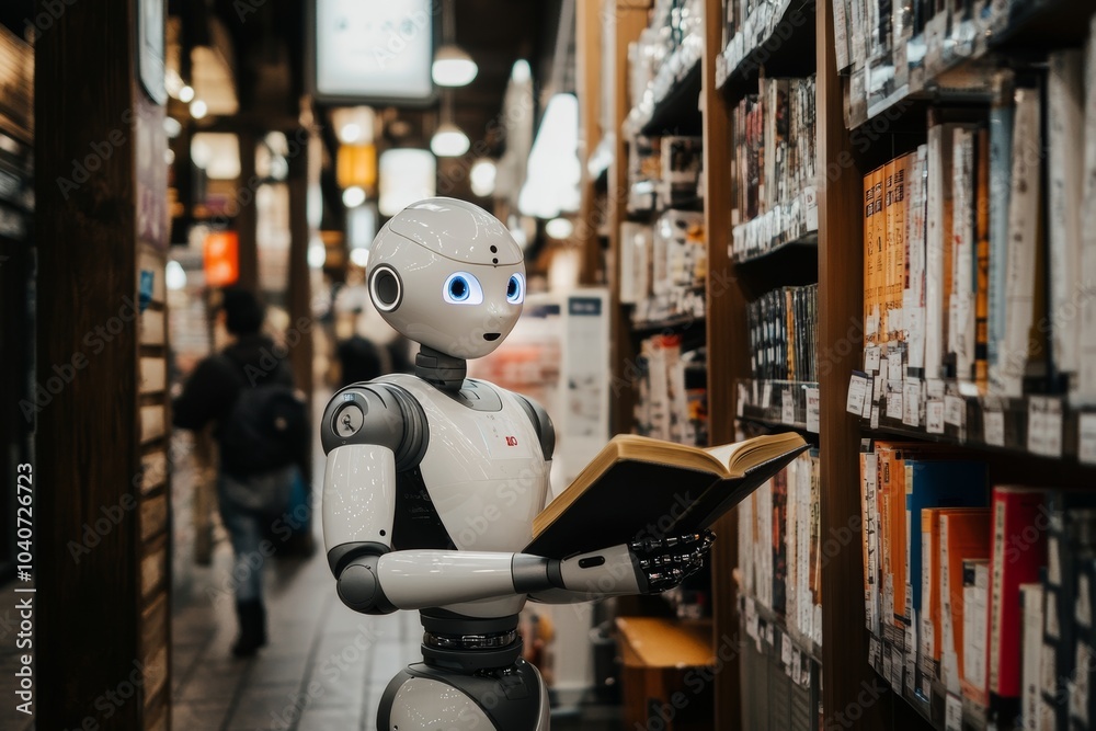 Humanoid robot reading a book in a library, showcasing AI interaction ...