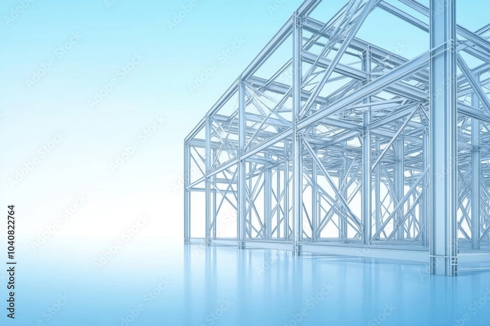 3D steel structure model, detailed framework of a skyscraper, soft blue background, minimalist ...