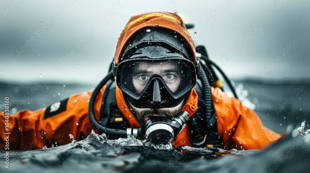 Dramatic close up of commercial diver in orange wetsuit, equipped with ...