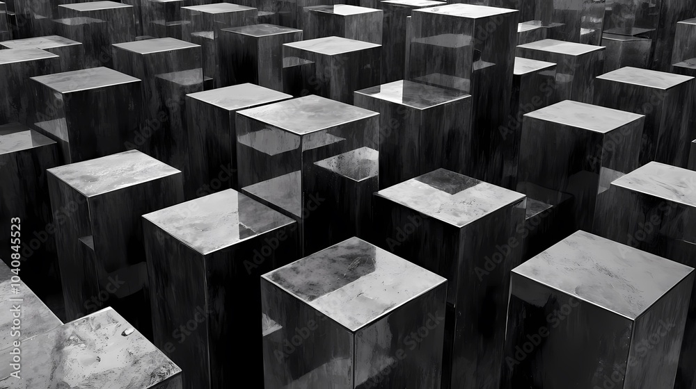 The image shows a field of stacked black, square, shiny, reflective ...