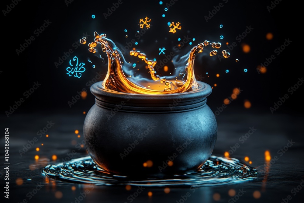 Alchemical transformation in progress, with a cauldron bubbling and ...