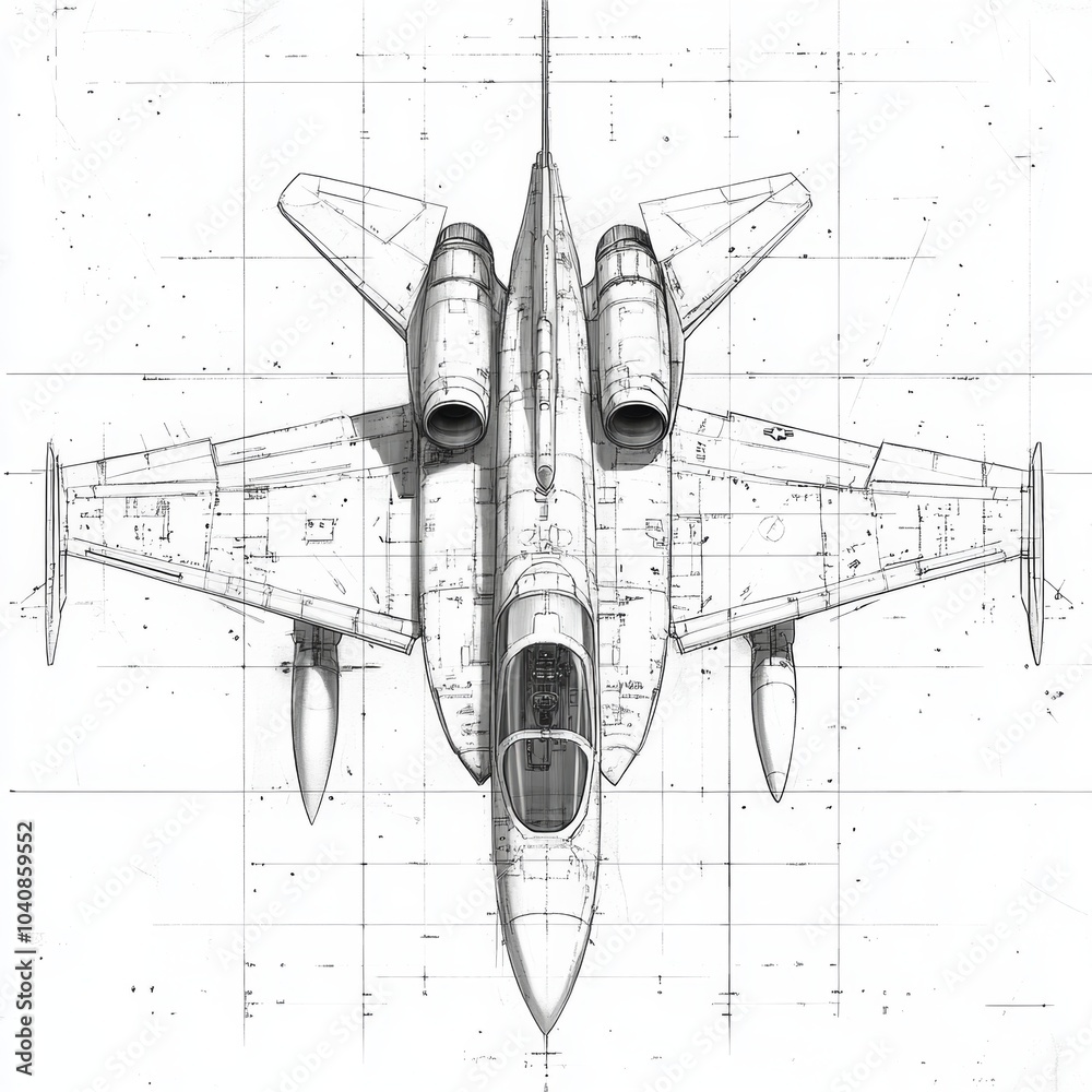 Fighter Jet Blueprint Drawing Top View Military Aircraft Design Stock ...