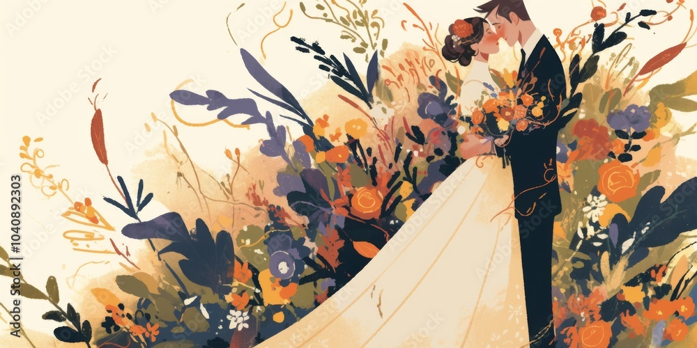 Elegant wedding cover page illustration featuring a stylized bride in a ...
