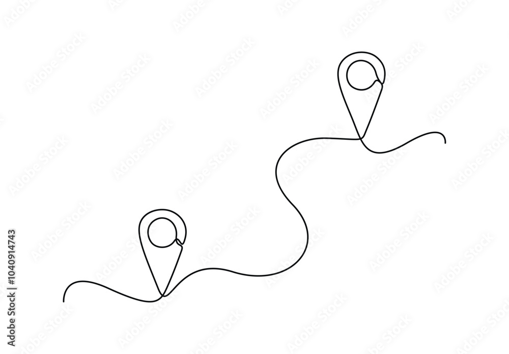 Continuous one line drawing of Route maps and location icons outline. Single line art location ...