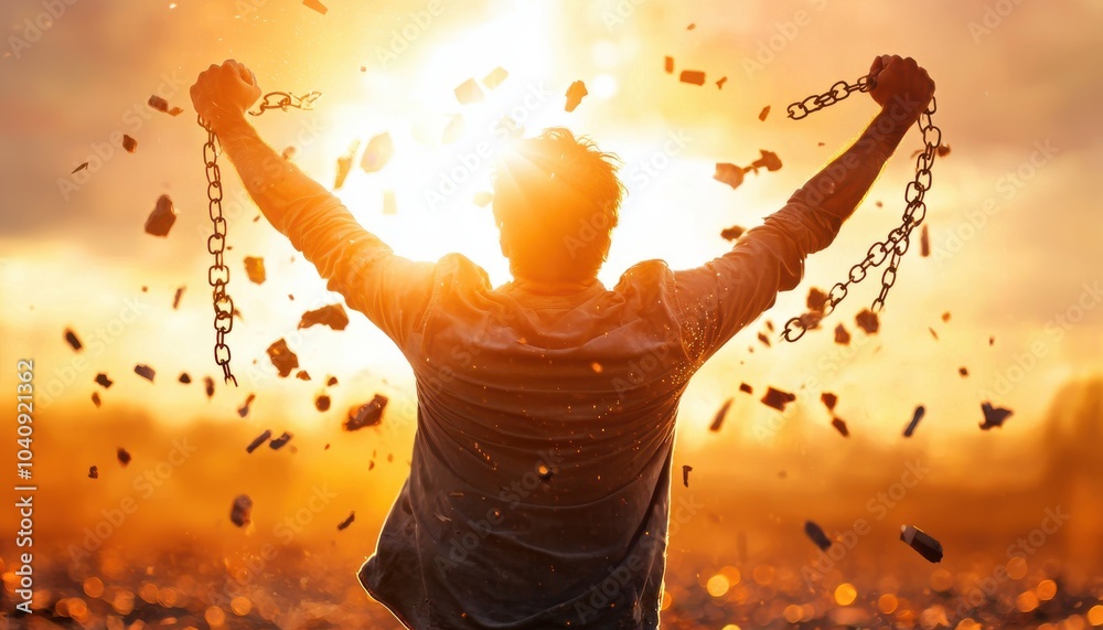 Person breaking chains against a sunset background, symbolizing freedom ...