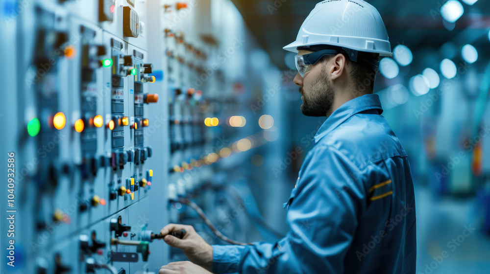 Electrical engineer analyzing data on computer in control room, wearing ...