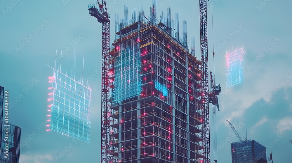 Construction cranes and floating holographic grids providing real time ...