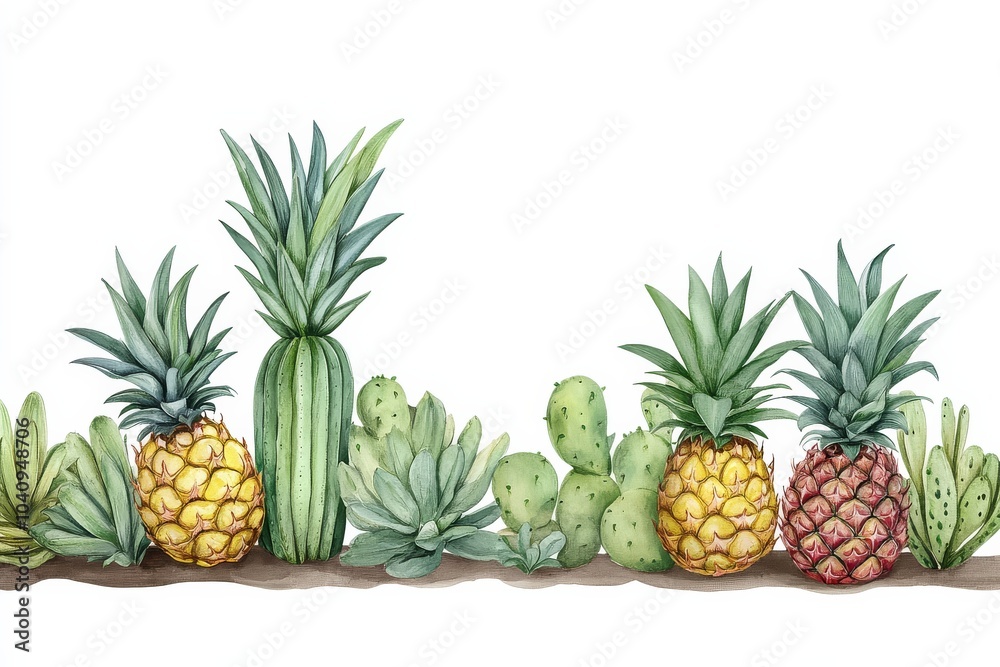 Realistic vintage illustration of a cactus and pineapple border design ...