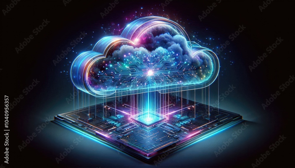 Hyper-Realistic Digital Cloud Computing Artwork: Futuristic Neon Concept with Glowing Internal ...