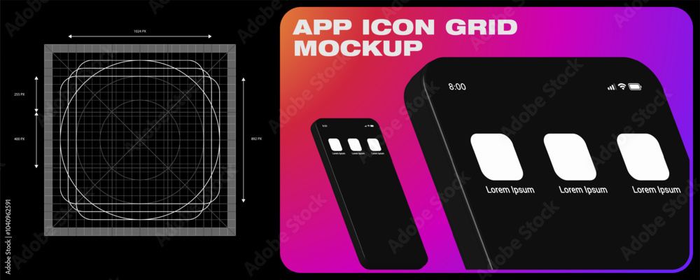 App icon grid Mockup. Icon template for mobile application, operating ...
