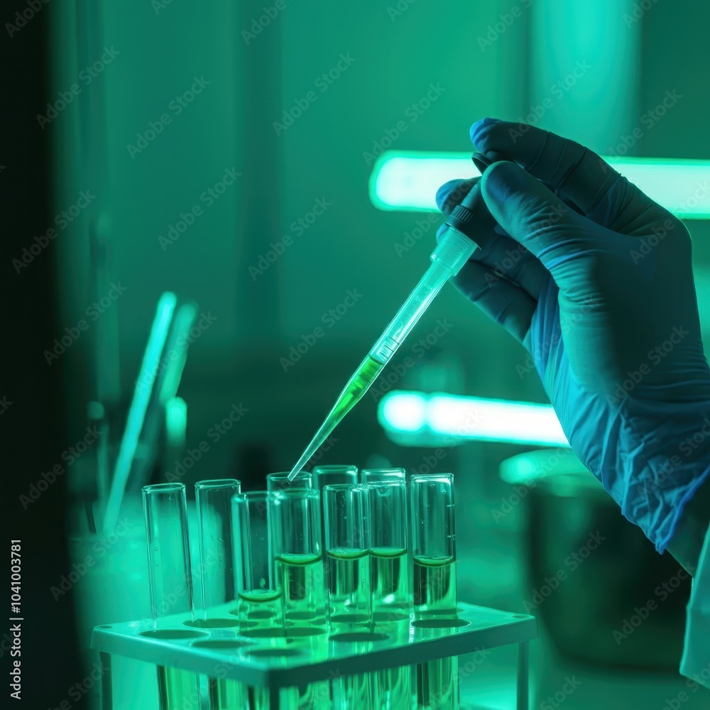 Laboratory scene, scientist hand holding pipette, glowing green liquid ...