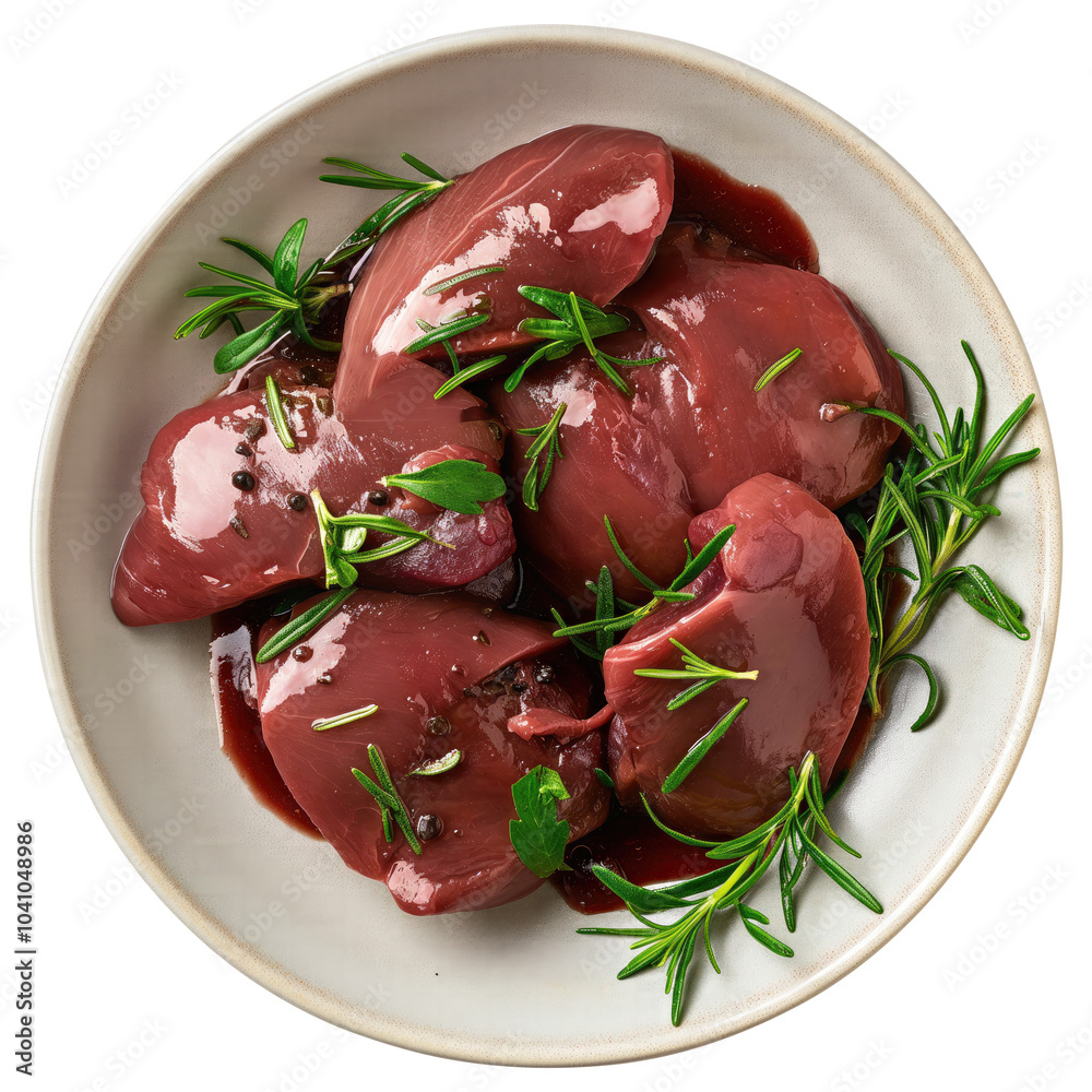 raw chicken liver in a plate top view isolated on transparent white ...