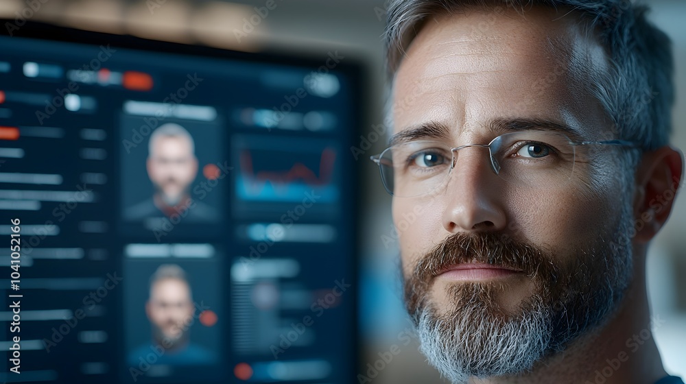 Holographic HR display showcasing virtual resumes skill charts and ...