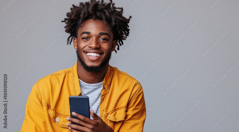 Stock-Foto „Young happy African gen z male student isolated on gray ...